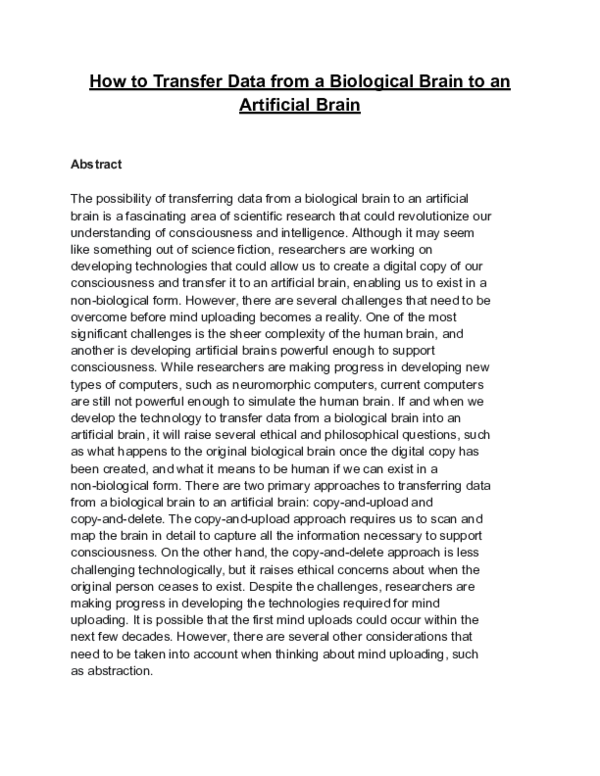 (PDF) How to Transfer Data from a Biological Brain to an Artificial Brain
