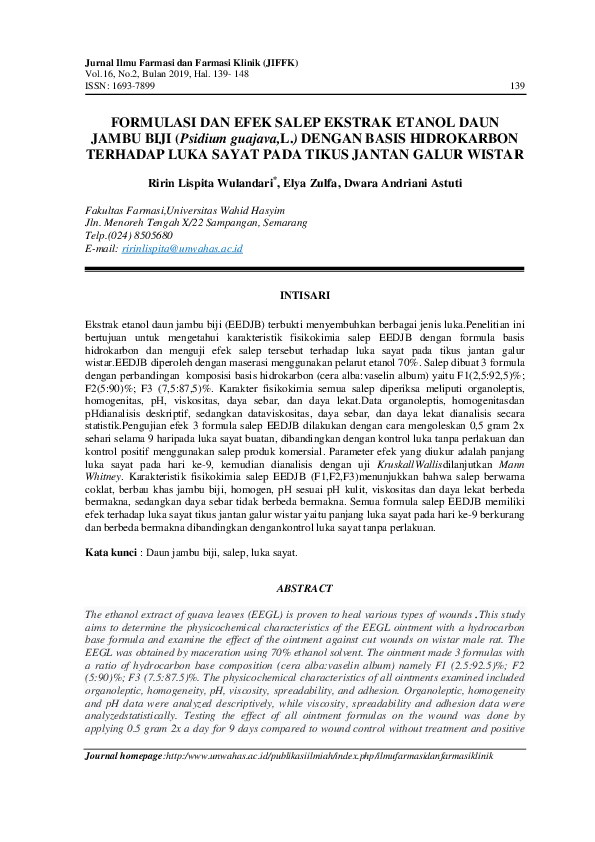 (PDF) FORMULASI DAN EFEK SALEP EKSTRAK ETANOL DAUN JAMBU BIJI (Psidium guajava,L.) DENGAN BASIS ...