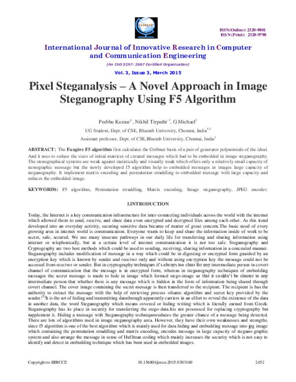 (PDF) Pixel Steganalysis - A Novel Approach in ImageSteganography Using F5 Algorithm