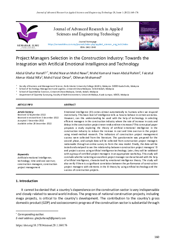 (PDF) Project Managers Selection in the Construction Industry: Towards the Integration with ...