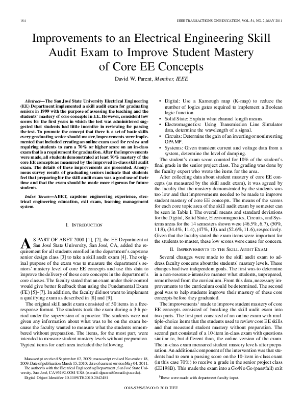 (PDF) Improvements to an Electrical Engineering Skill Audit Exam to Improve Student Mastery of ...