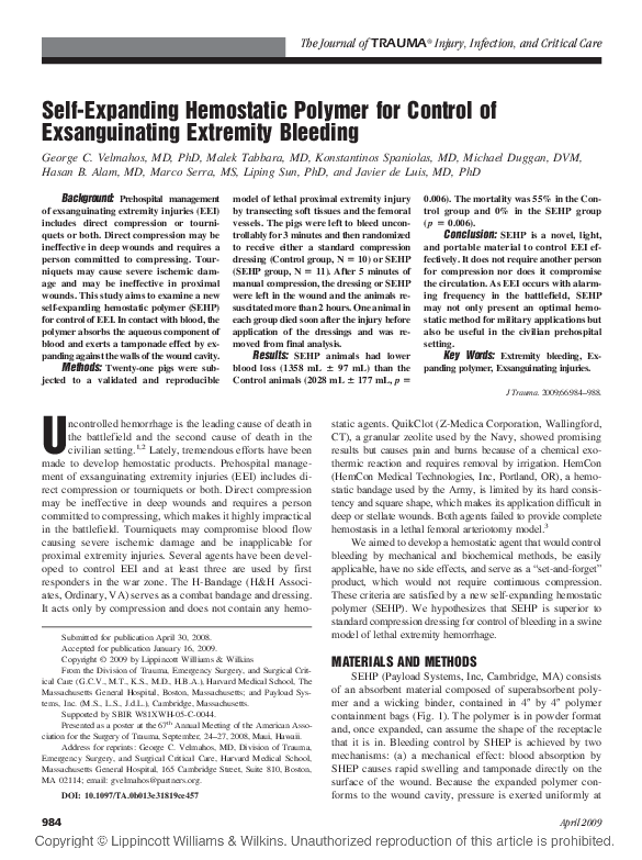 (PDF) Self-Expanding Hemostatic Polymer for Control of Exsanguinating ...
