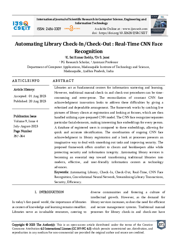 (PDF) Automating Library Check-In/Check-Out : Real-Time CNN Face Recognition
