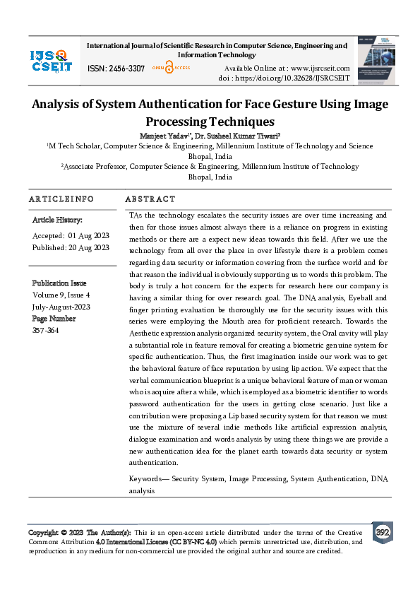 (PDF) Analysis of System Authentication for Face Gesture Using Image Processing Techniques