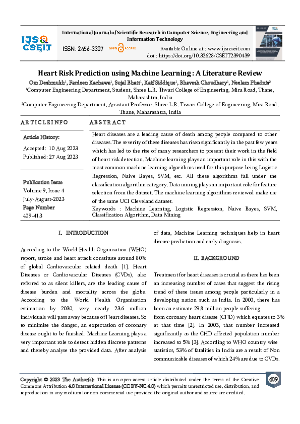 (PDF) Heart Risk Prediction using Machine Learning : A Literature Review