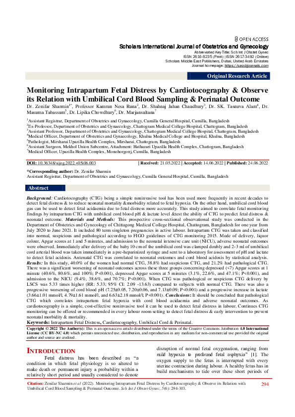 (PDF) Monitoring Intrapartum Fetal Distress by Cardiotocography & Observe its Relation with ...