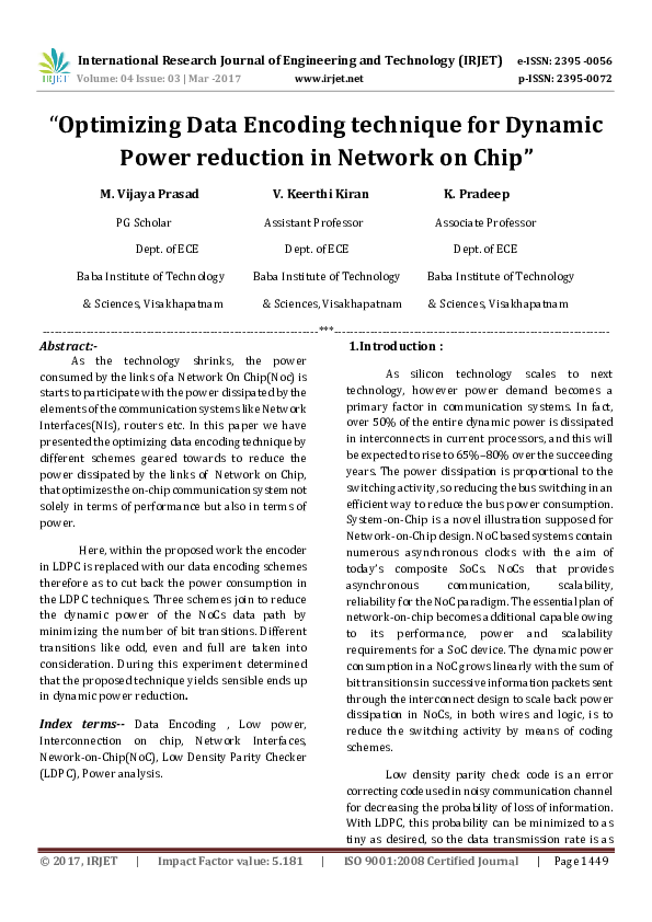 (PDF) “Optimizing Data Encoding technique for Dynamic Power reduction in Network on Chip”