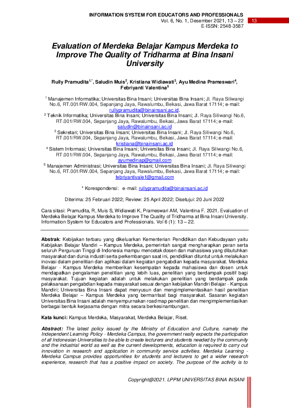 (PDF) Evaluation of Merdeka Belajar Kampus Merdeka to Improve The Quality of Tridharma at Bina ...