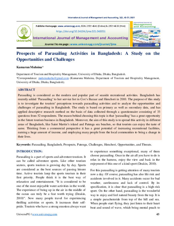 (PDF) Prospects of Parasailing Activities in Bangladesh: A Study on the Opportunities and Challenges