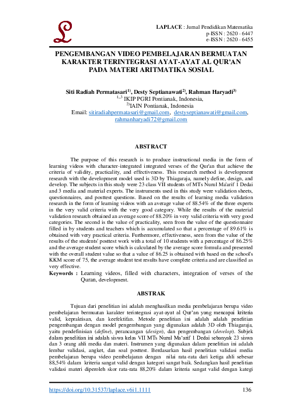 (PDF) Pengembangan Video Pembelajaran Bermuatan Karakter Terintegrasi Ayat-Ayat Al Qur’An Pada ...