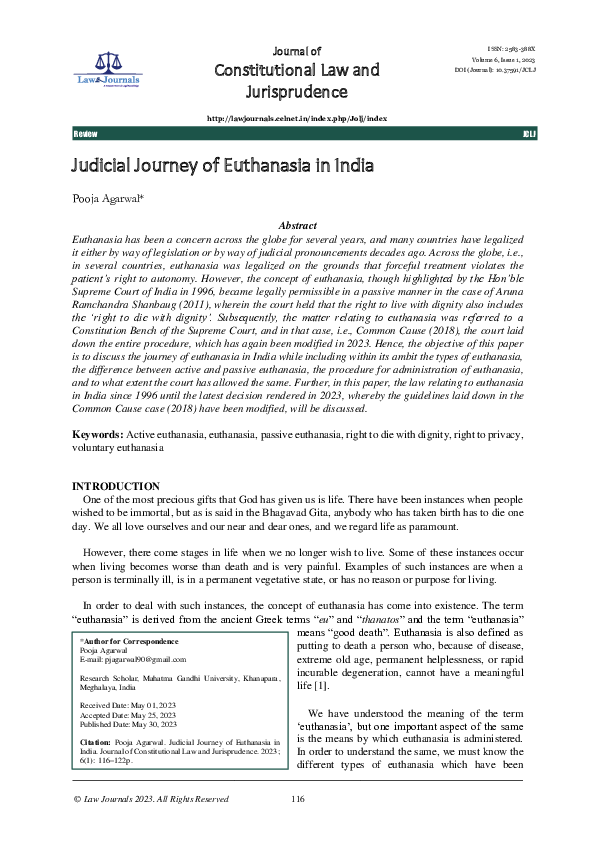 (PDF) Judicial Journey of Euthanasia in India