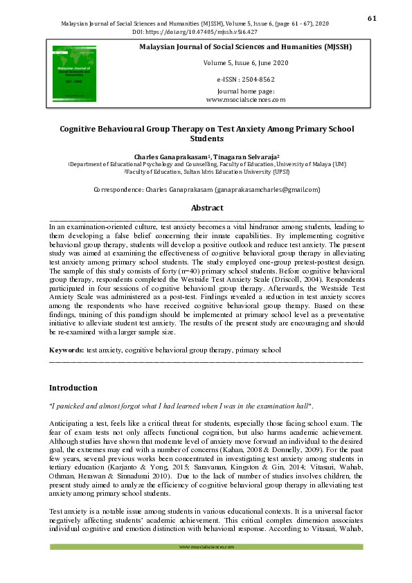 (PDF) Cognitive Behavioural Group Therapy on Test Anxiety Among Primary ...