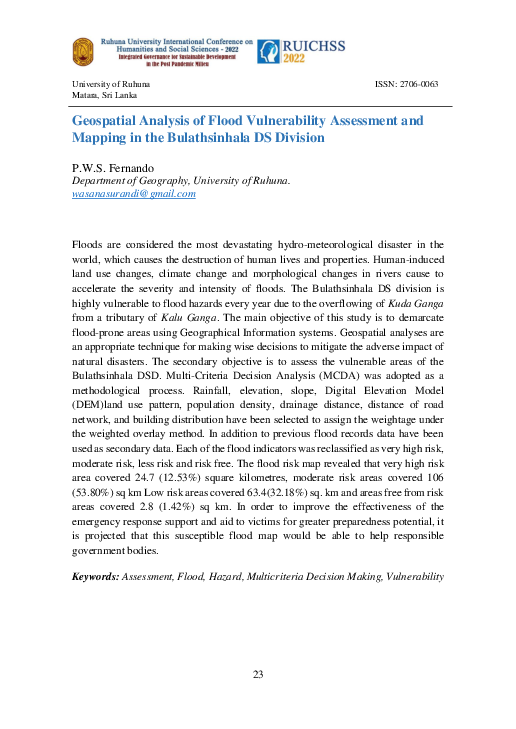 (PDF) Geospatial Analysis of Flood Vulnerability Assessment and Mapping in the Bulathsinhala DS ...