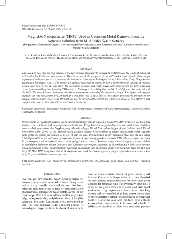 (PDF) Magnetite Nanoparticles (MNPs) Used as Cadmium Metal Removal from ...