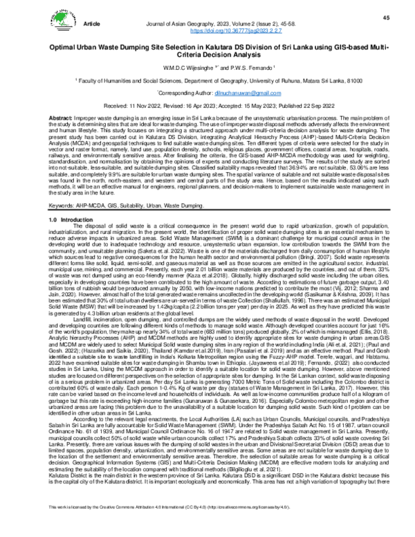 (PDF) Optimal Urban Waste Dumping Site Selection in Kalutara DS ... (PDF) Optimal Urban Waste Dumping Site Selection in Kalutara DS ...