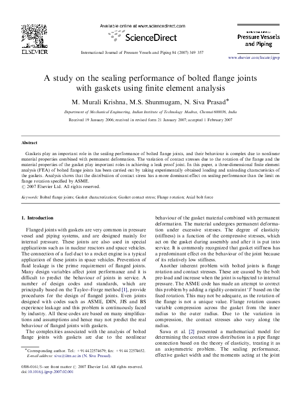 (PDF) A study on the sealing performance of bolted flange joints with gaskets using finite ...