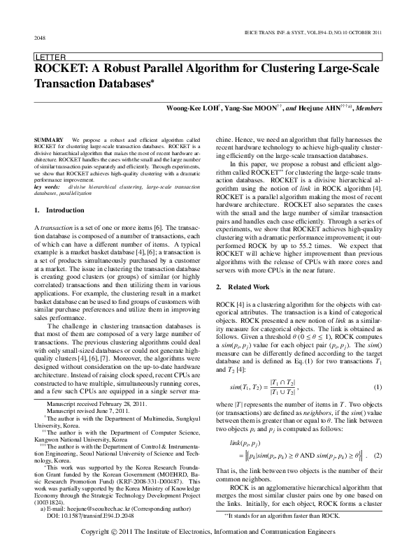 Pdf Rocket A Robust Parallel Algorithm For Clustering Large Scale Transaction Databases 