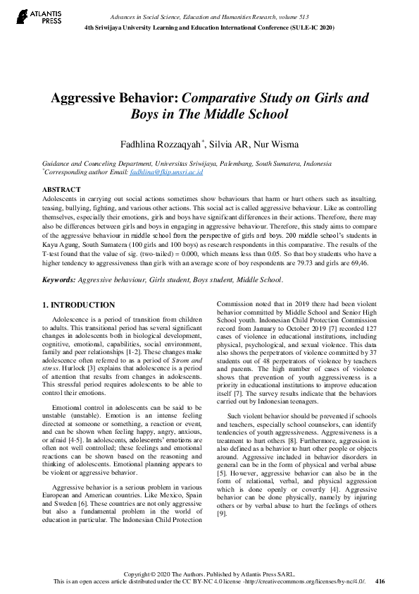 (PDF) Aggressive Behavior: Comparative Study on Girls and Boys in The Middle School