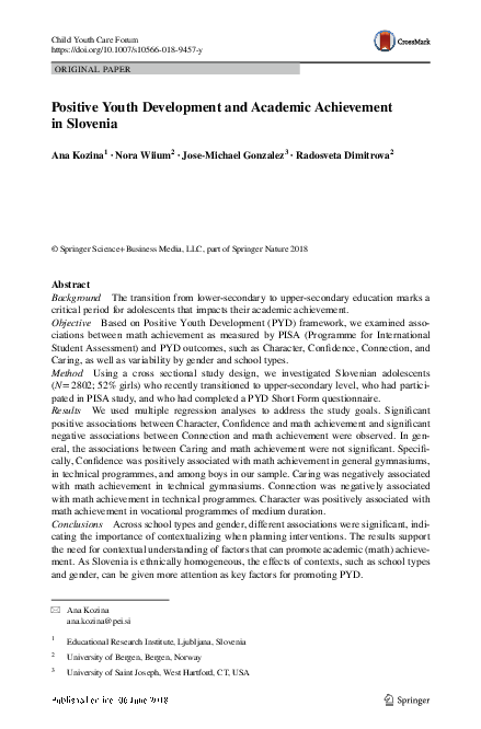 (PDF) Positive Youth Development and Academic Achievement in Slovenia
