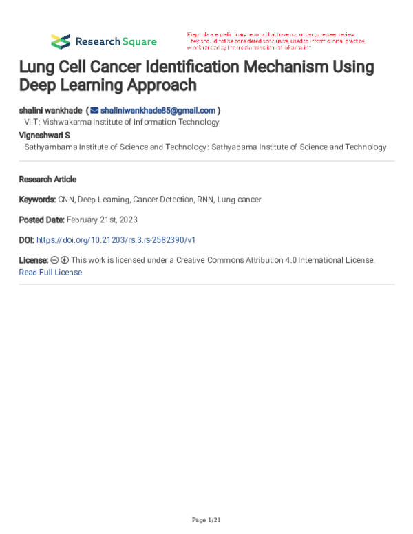 (PDF) Lung Cell Cancer Identification Mechanism Using Deep Learning Approach