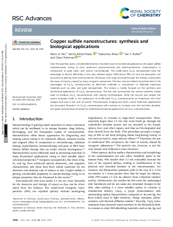 (PDF) Copper sulfide nanostructures: synthesis and biological applications