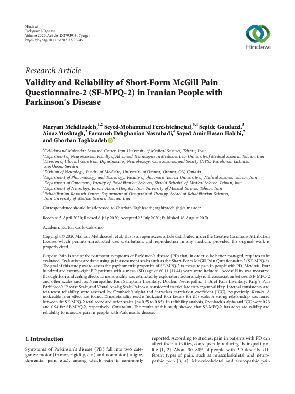 (PDF) Validity and Reliability of Short-Form McGill Pain Questionnaire ...