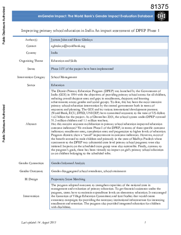 (PDF) Improving primary school education in India : an impact ...