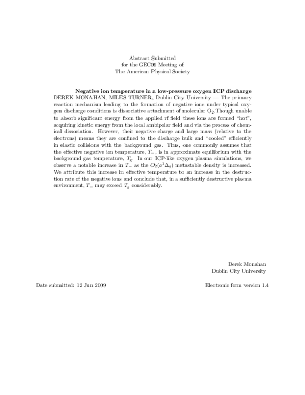 (PDF) Negative ion temperature in a low-pressure oxygen ICP discharge
