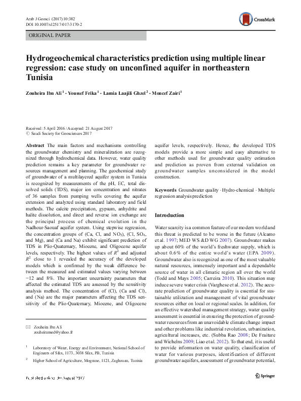 (PDF) Hydrogeochemical characteristics prediction using multiple linear regression: case study ...