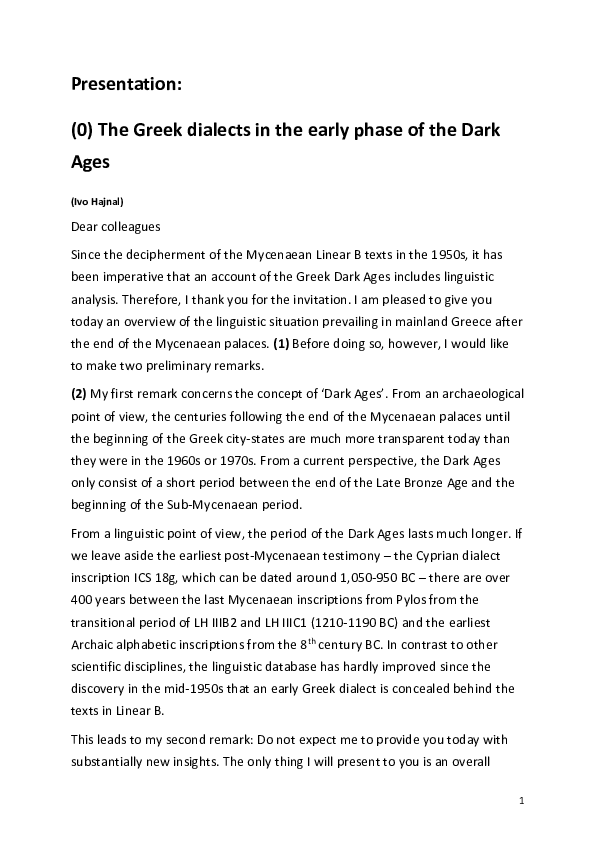 (PDF) The Greek dialects in the early phase of the Dark Ages
