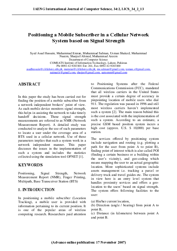 (PDF) Positioning a Mobile Subscriber In a Cellular Network System Based on Signal Strength