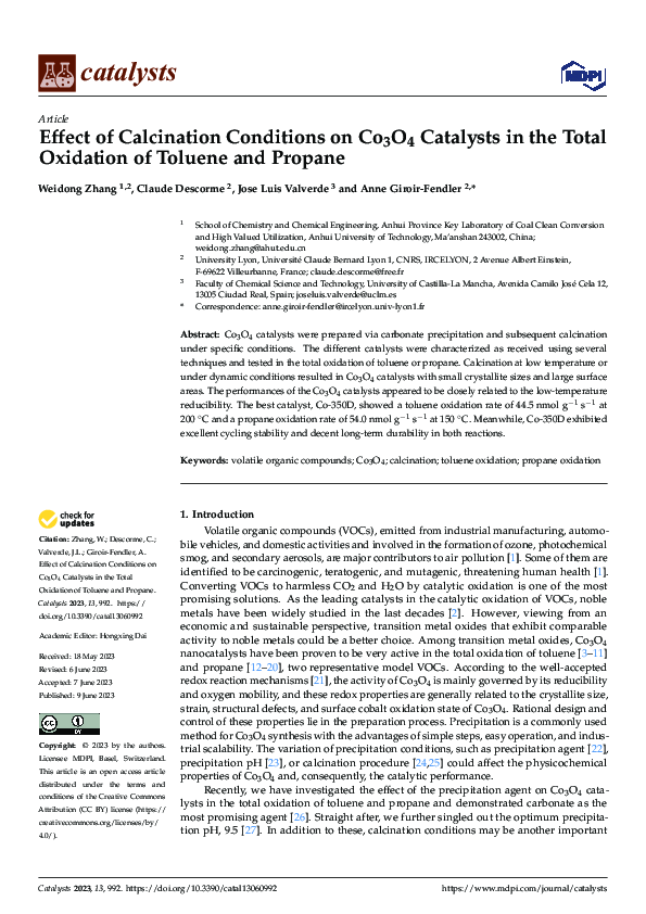 (PDF) Effect of Calcination Conditions on Co3O4 Catalysts in the Total Oxidation of Toluene and ...