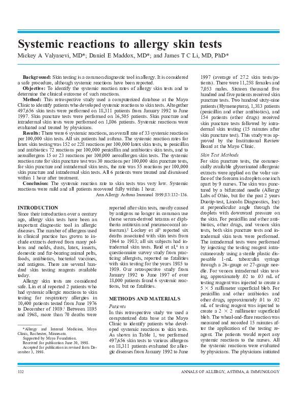 (PDF) Systemic reactions to allergy skin tests