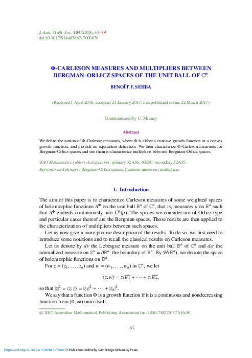 Pdf Carleson Measures And Multipliers Between Bergman Orlicz Spaces Of The Unit Ball Of