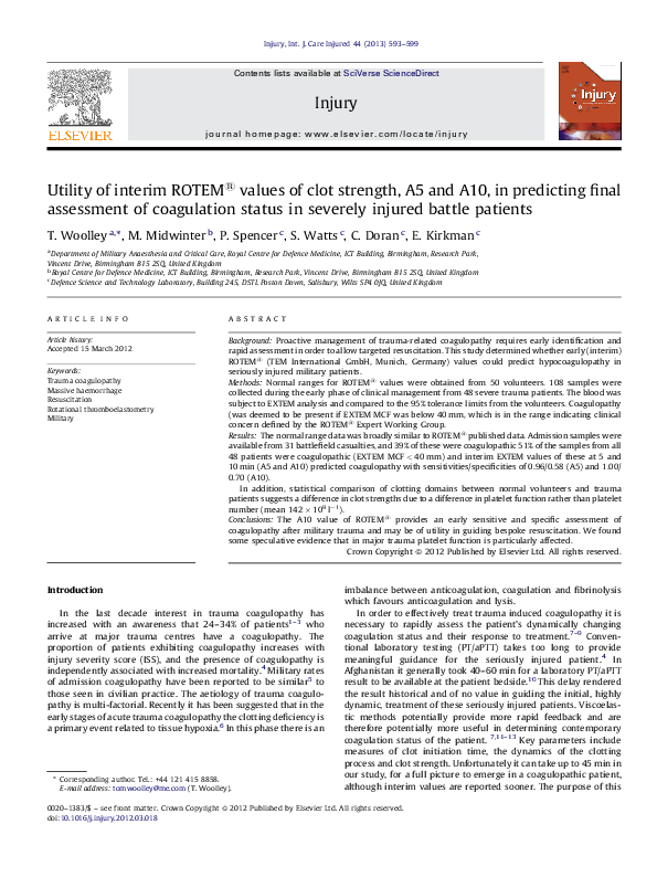 (PDF) Utility of interim ROTEM® values of clot strength, A5 and A10, in ...