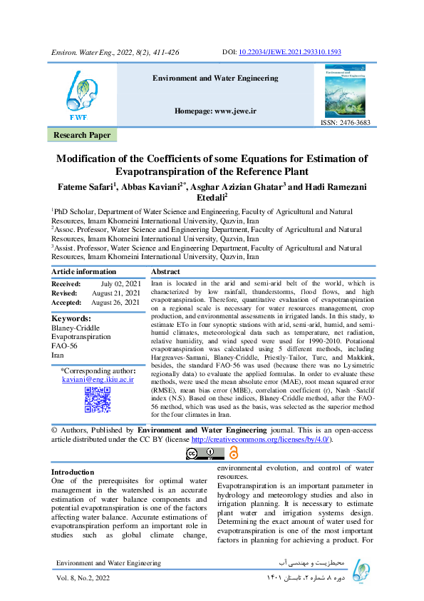 Pdf Modification Of The Coefficients Of Some Equations For Estimation Of Evapotranspiration Of