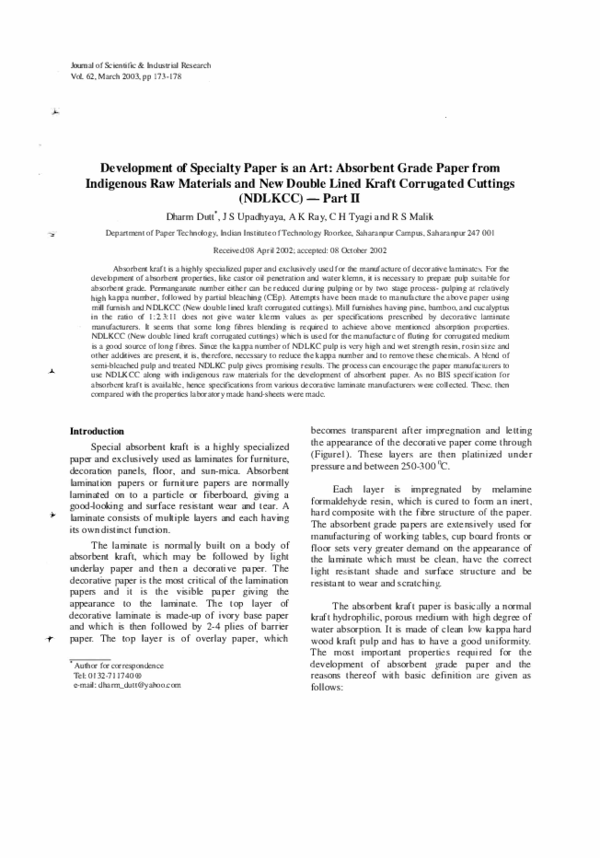 (PDF) Development of Specialty Paper is an Art: Absorbent Grade Paper ...