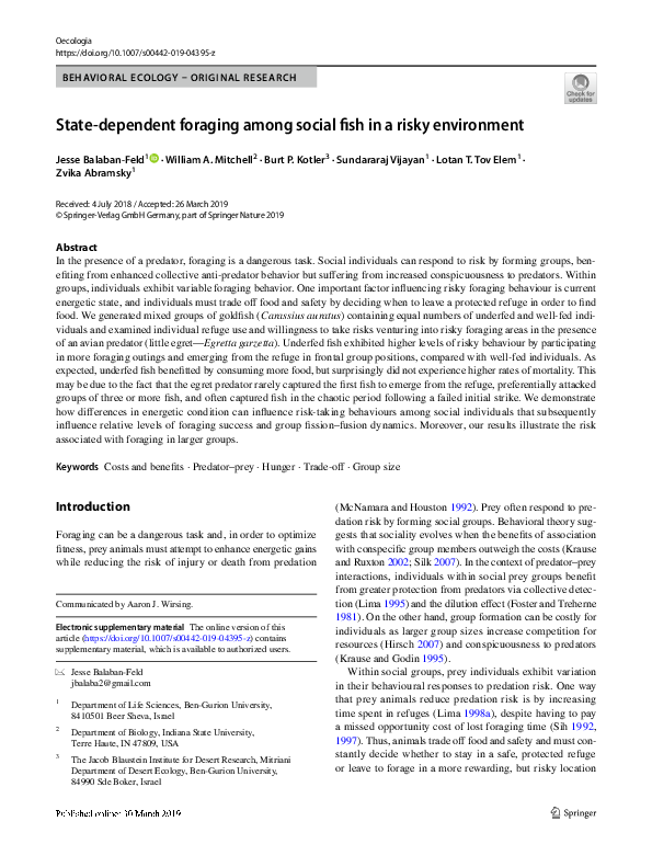 (PDF) State-dependent foraging among social fish in a risky environment ...