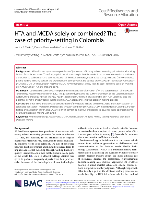 (PDF) HTA and MCDA solely or combined? The case of priority-setting in Colombia