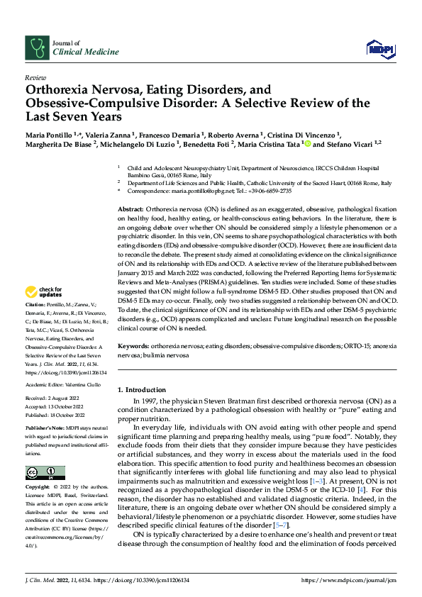 (PDF) Orthorexia Nervosa, Eating Disorders, and Obsessive-Compulsive Disorder: A Selective ...