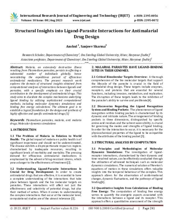 (PDF) Structural Insights into Ligand-Parasite Interactions for Antimalarial Drug Design | IRJET ...