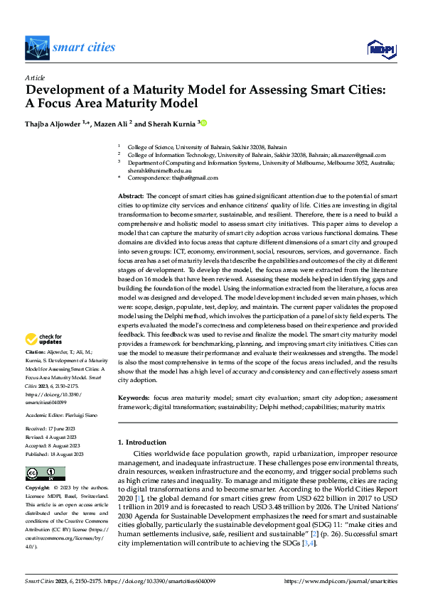 (PDF) Development of a Maturity Model for Assessing Smart Cities: A Focus Area Maturity Model