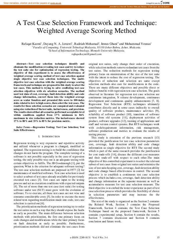 (PDF) A Test Case Selection Framework and Technique: Weighted Average ...
