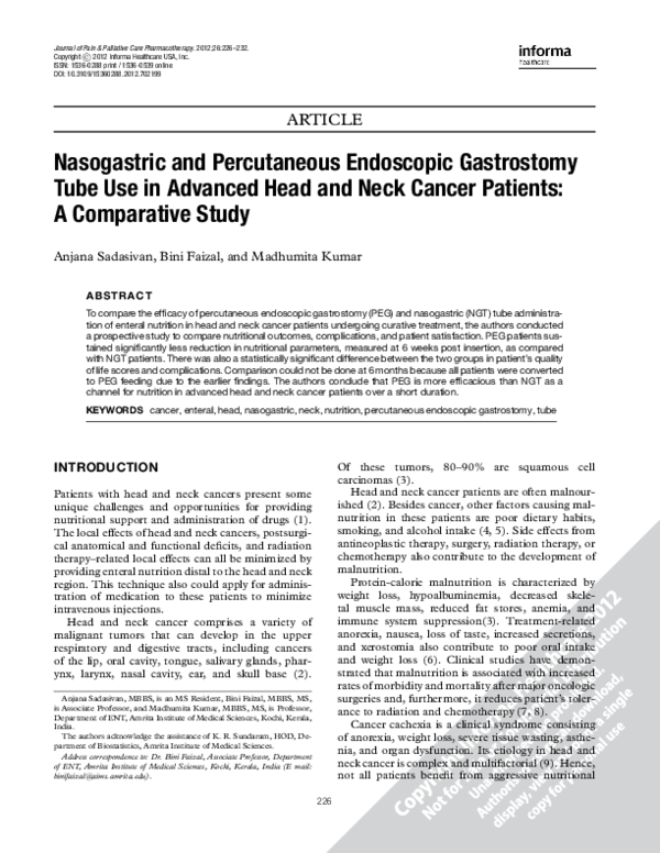 (PDF) Nasogastric and Percutaneous Endoscopic Gastrostomy Tube Use in ...