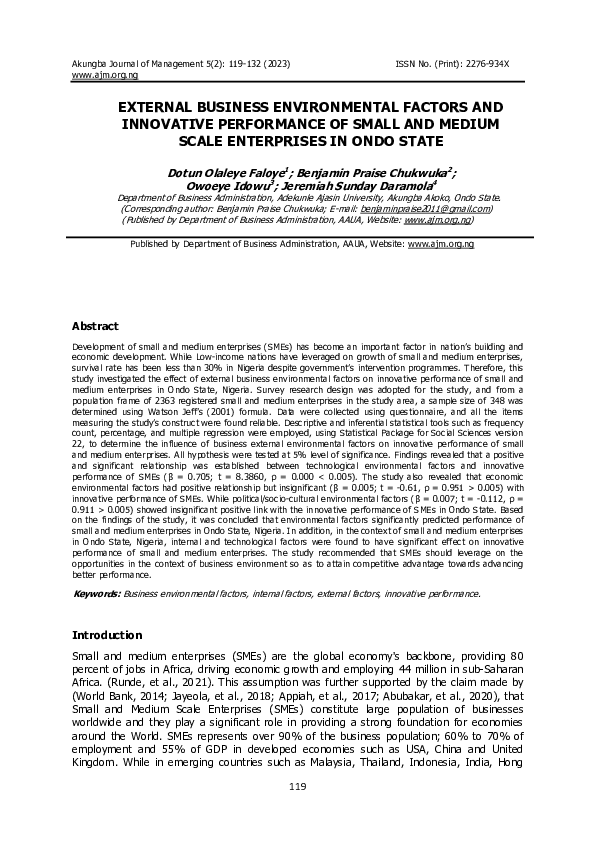 (PDF) EXTERNAL BUSINESS ENVIRONMENTAL FACTORS AND INNOVATIVE PERFORMANCE OF SMALL AND MEDIUM ...