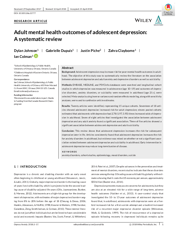 (PDF) Adult mental health outcomes of adolescent depression: A ...