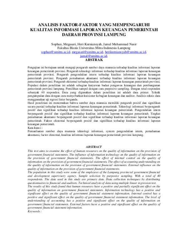 (PDF) Analisis Faktor-Faktor Yang Mempengaruhi Kualitas Informasi Laporan Keuangan Pemerintah ...