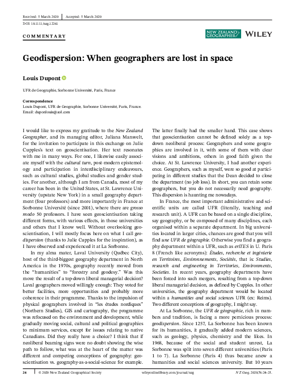 (PDF) Geodispersion: When geographers are lost in space