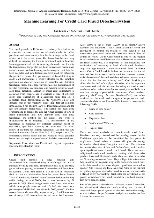 (PDF) Machine Learning for Credit Card Fraud Detection System