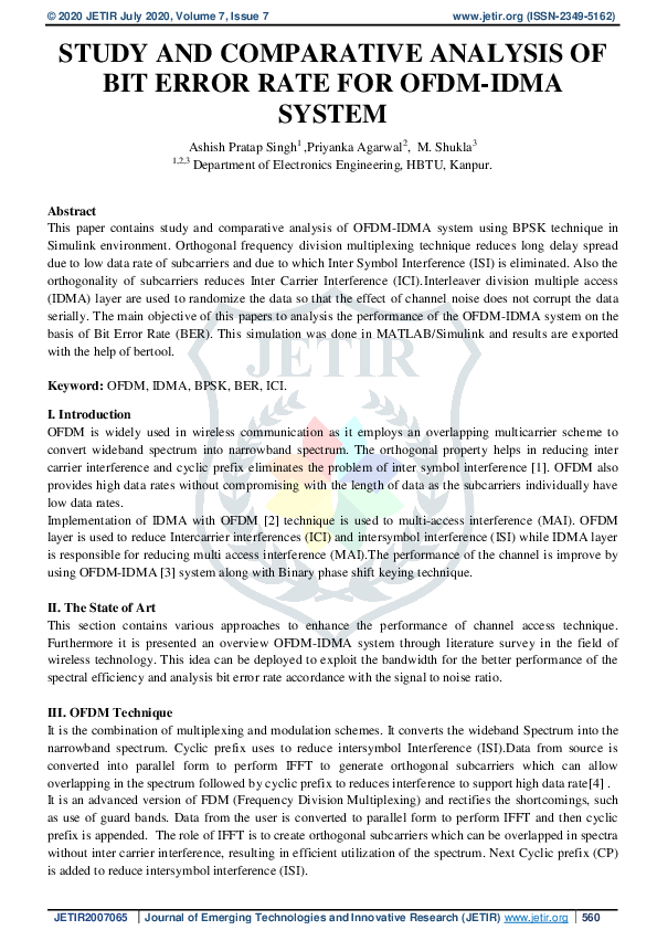 (PDF) Study and Comparative Analysis of Bit Error Rate for Ofdm-Idma System